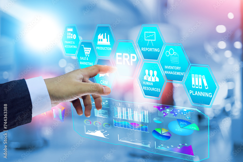 ERP Enterprise Resource Planning concept with businessman pointing on ...