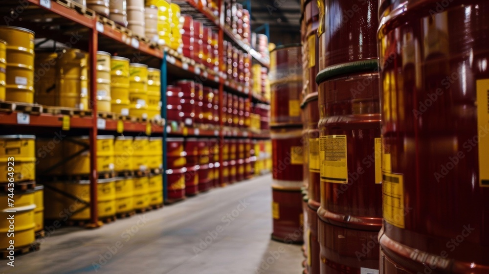 In a warehouse rows upon rows of tightly stacked barrels containing ...
