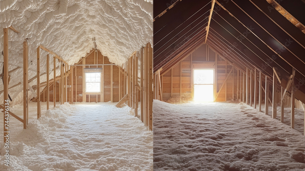 A before and after comparison photo of a homes attic showing the ...