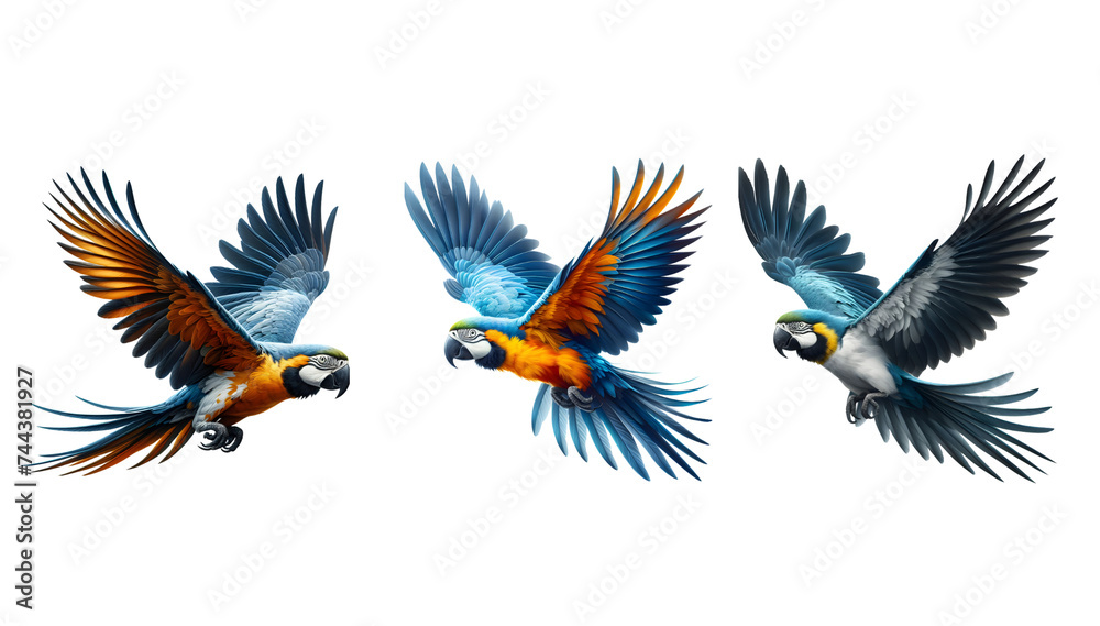 three Macau birds flying on a transparent background. icon set Stock ...