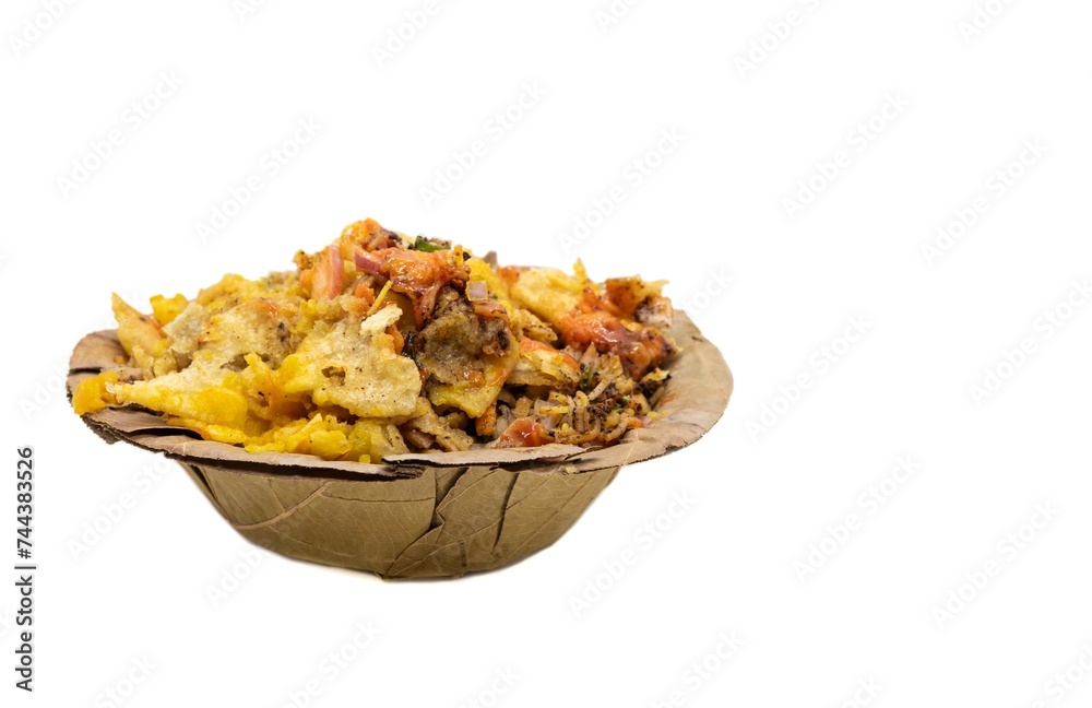 Papri Chat or Papri Chaat Garnished with Chili, Onion Cuts, Tomato ...