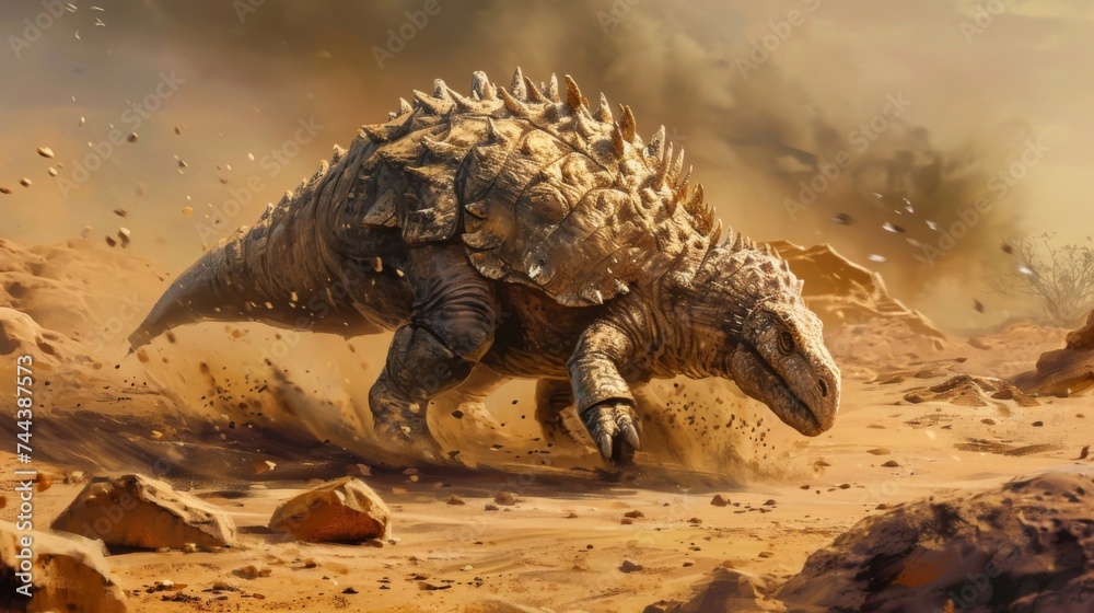 A mive ankylosaurus wallowing in a shallow pit of dusty earth its ...