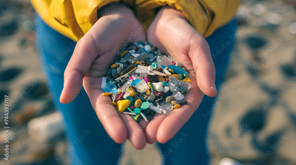 Hands Holding Microplastics Picked Up on a Beach, Environmental ...