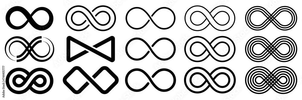 Infinity symbol. Vector logos set. Black contours of different shapes ...