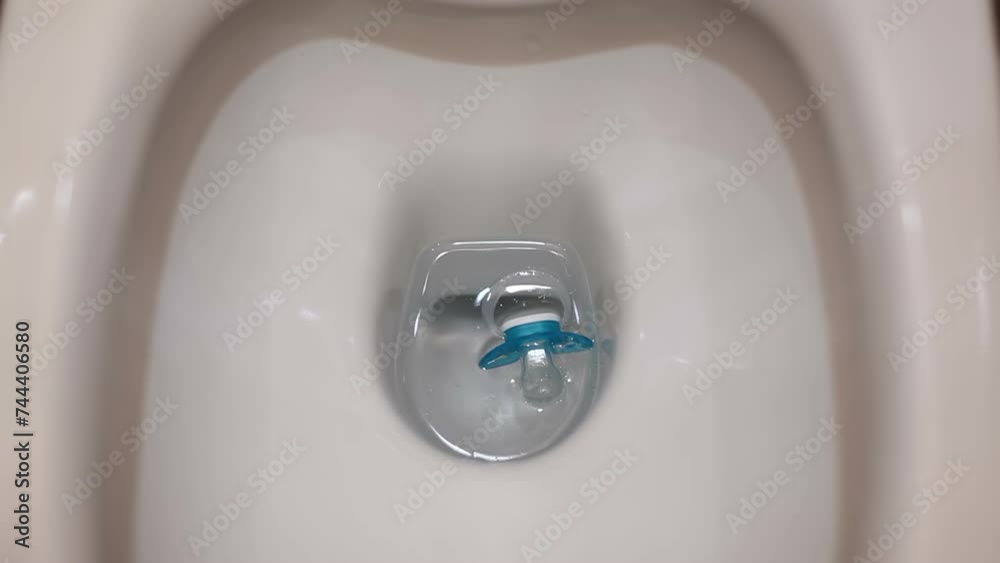 The baby's pacifier fell into the toilet. The child dropped the ...