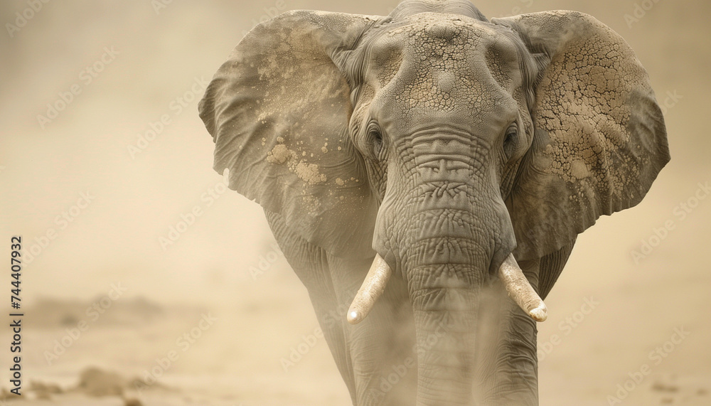 A majestic elephant stands facing forward, with its large tusks and ...