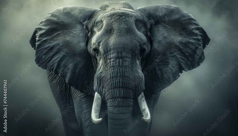 A powerful elephant emerges from the mist, its immense form captured in ...