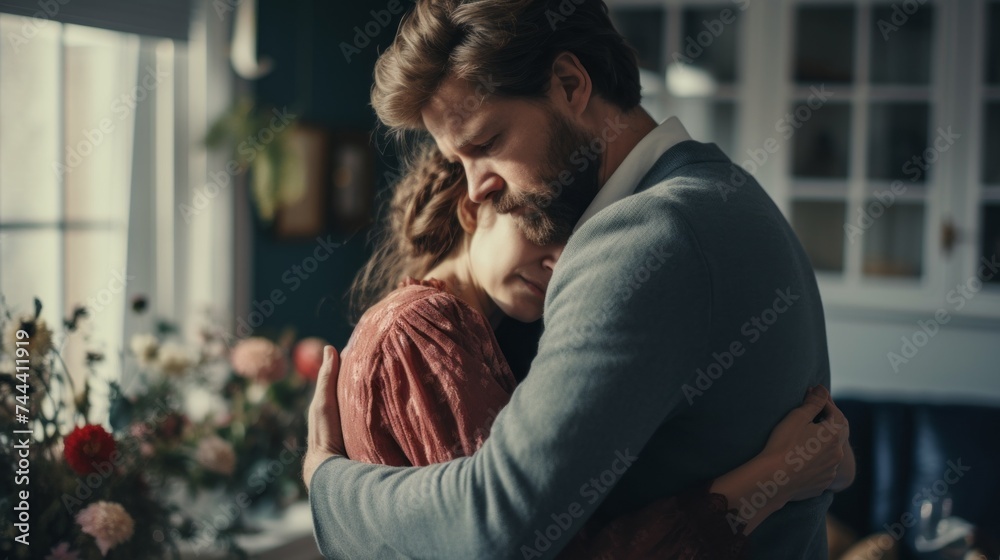 A compassionate loving husband, hugging and supporting a frustrated ...