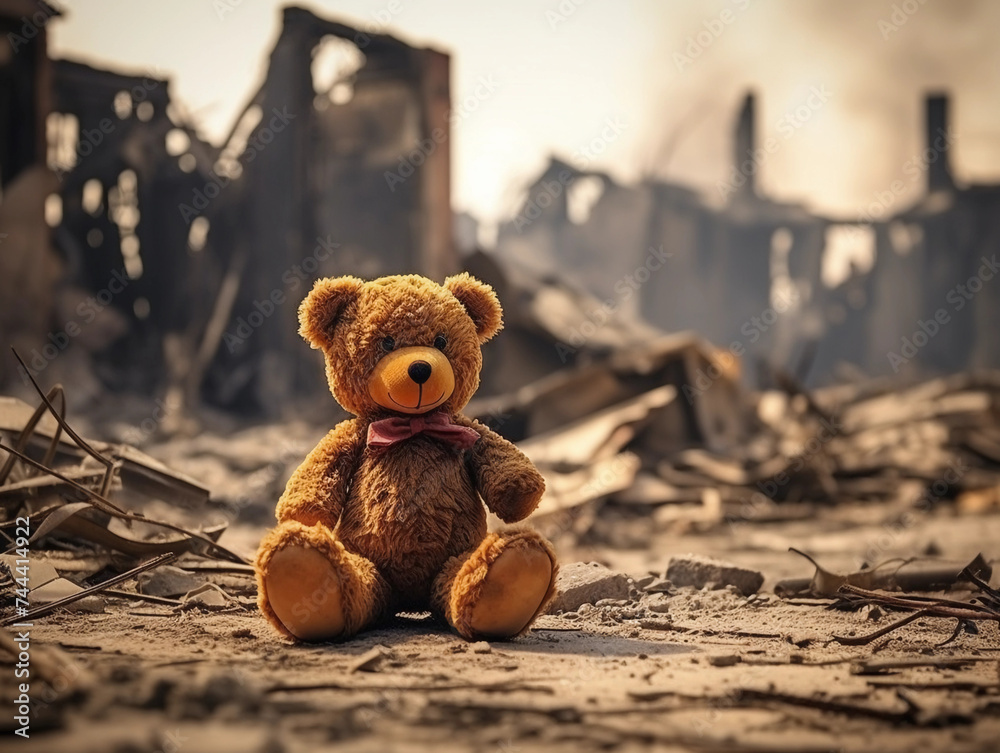 kids teddy bear toy over city burned destruction of an aftermath war ...