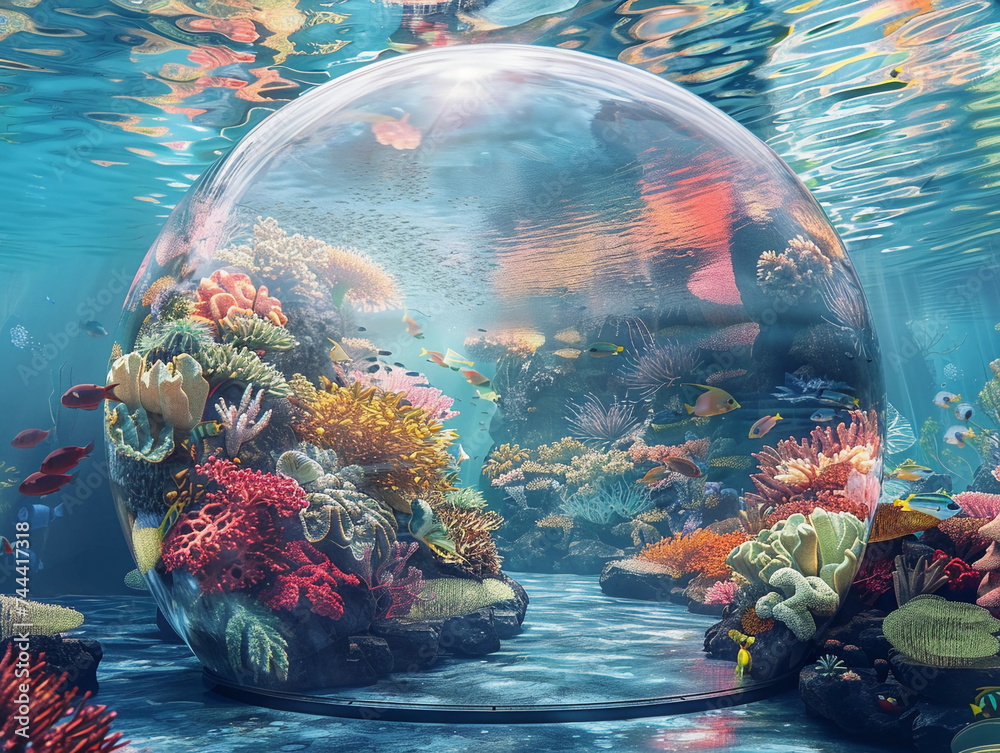 dome underwater, surrounded by colorful coral reefs and marine life ...