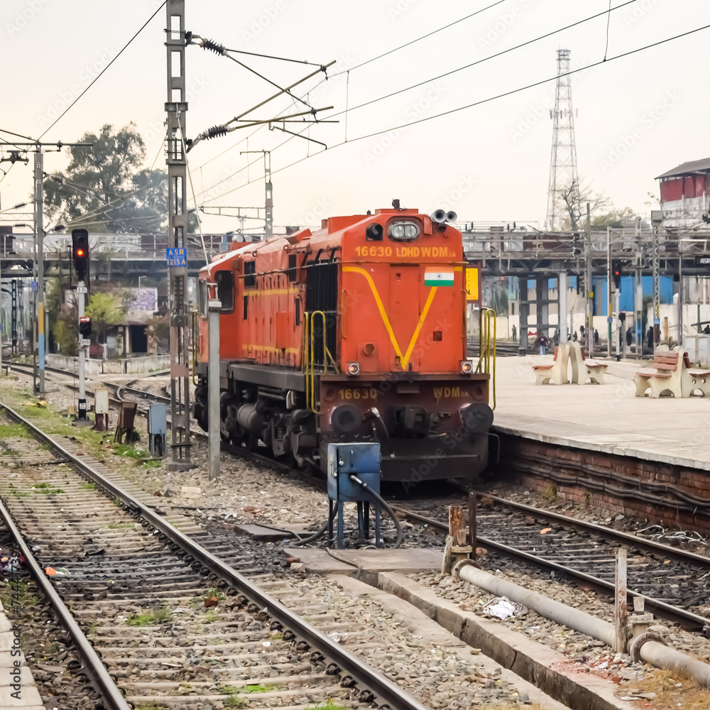 Amritsar, India, February 03 2024 - Indian train electric locomotive ...