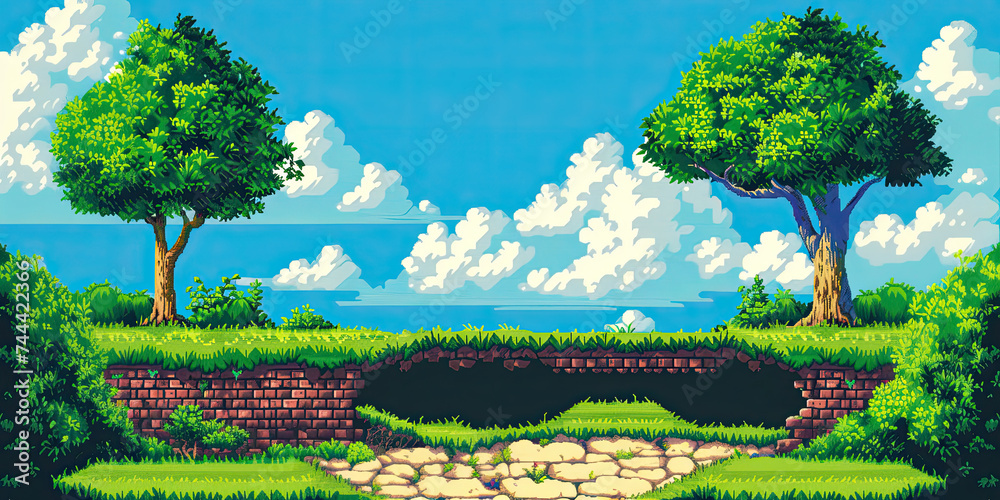 Grass field background, video game retro graphics background, level ...