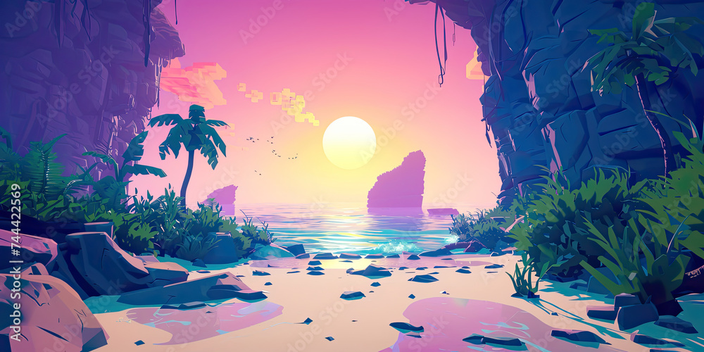 Video game beach, retro graphics beaches sand ocean vintage style ...