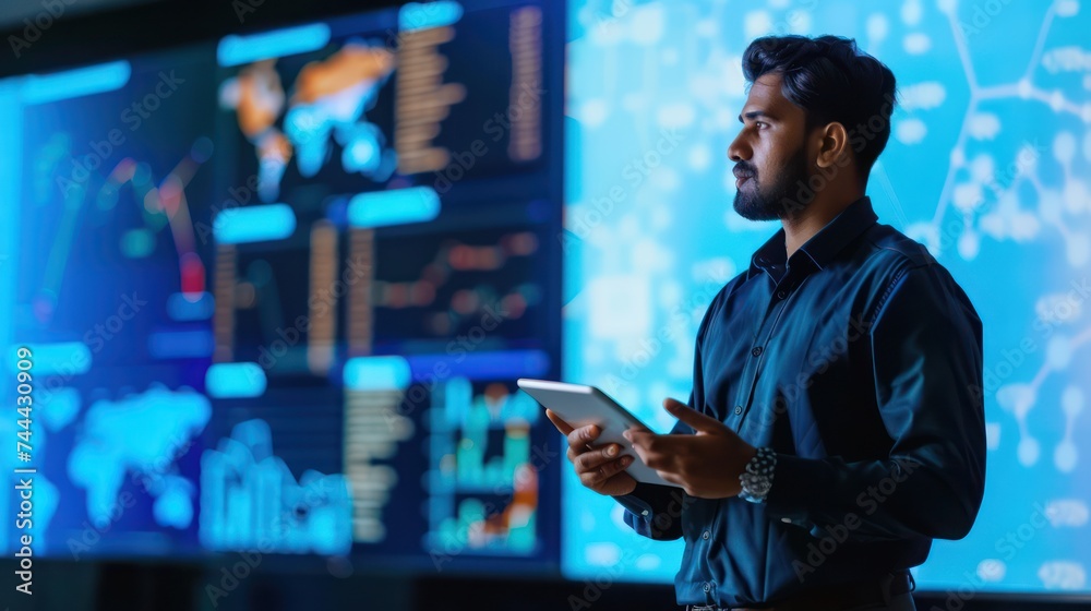 Male computer scientist from India delivers presentation with tablet to ...