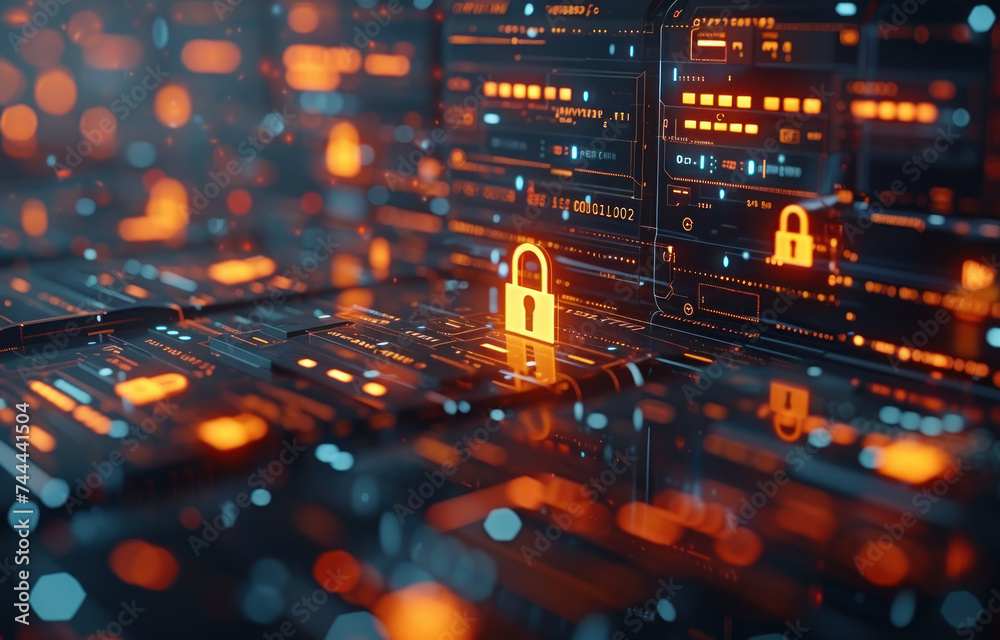 Locked Data Files, screen displaying a series of file icons lock symbol ...