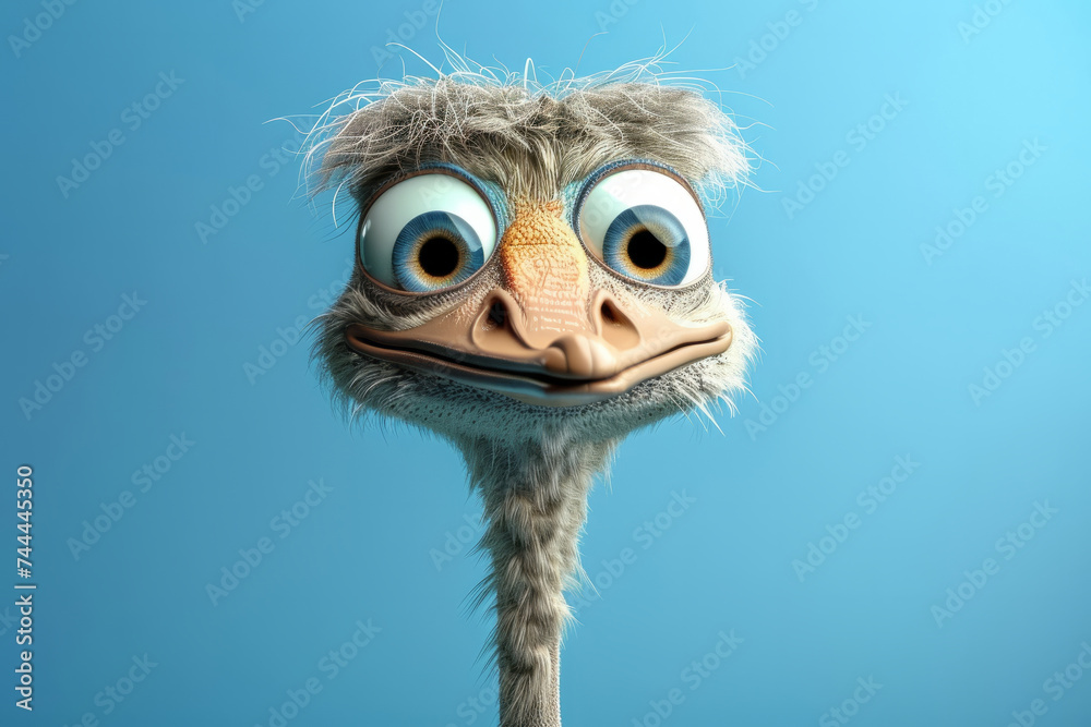 Cute 3D cartoon Emu character. friendly look on a bright blue ...