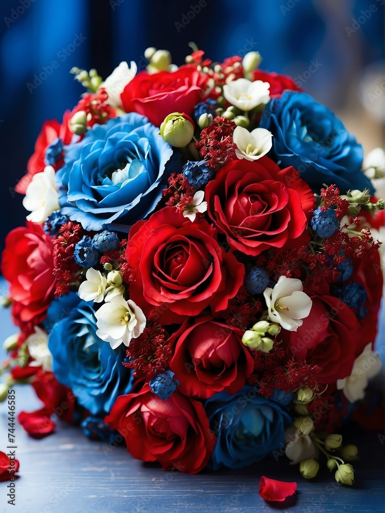 Red and blue bouquet of flowers detailed texture background for wedding ...