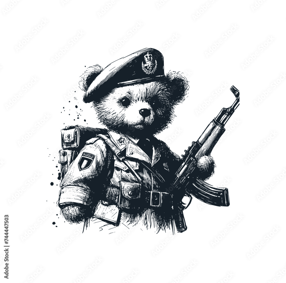 Teddy Bear wearing Military Soldier Uniform. Black white vector ...