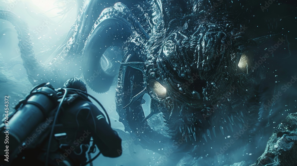 In the ocean's depths, a diver confronts the legendary kraken, a ...