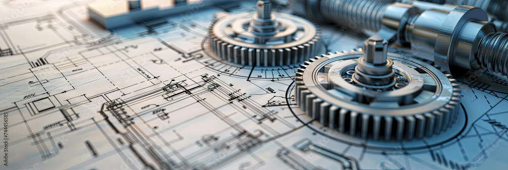 Engineering concept with mechanical gears and blueprints to design ...