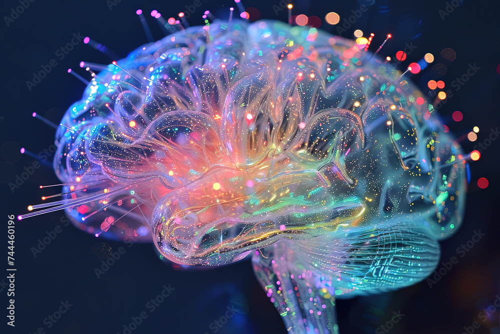 Fibre optic brain made of colorful fiber optic cables Stock ...