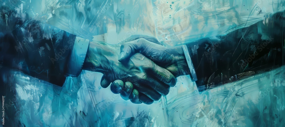 A visual arts piece depicting two men shaking hands under electric blue ...
