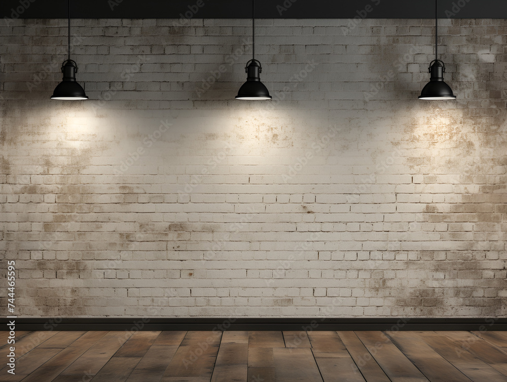 Wall made of bricks. Brick white wall with four cylindrical lamps, four ...