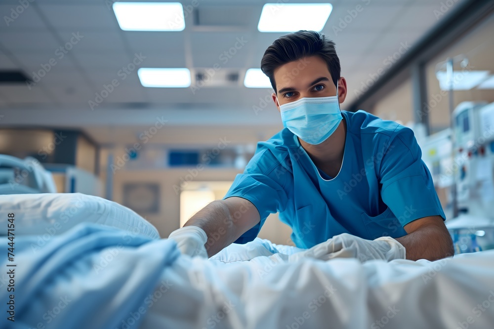 Hospital Ward, Professional male Nurse Wearing Face Mask, Wiping the ...