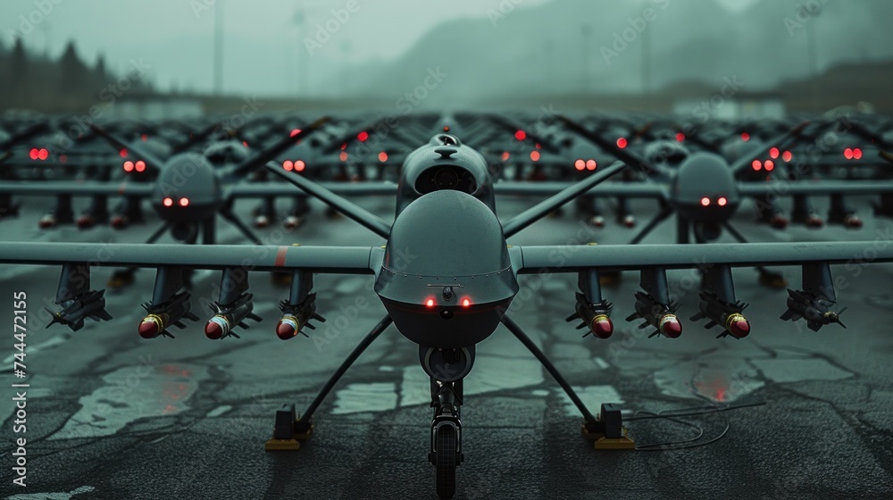 An army of military drones stands on the runway of a military airfield ...