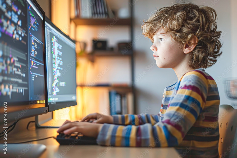Young boy with glasses engrossed in coding on a computer in a dark room ...