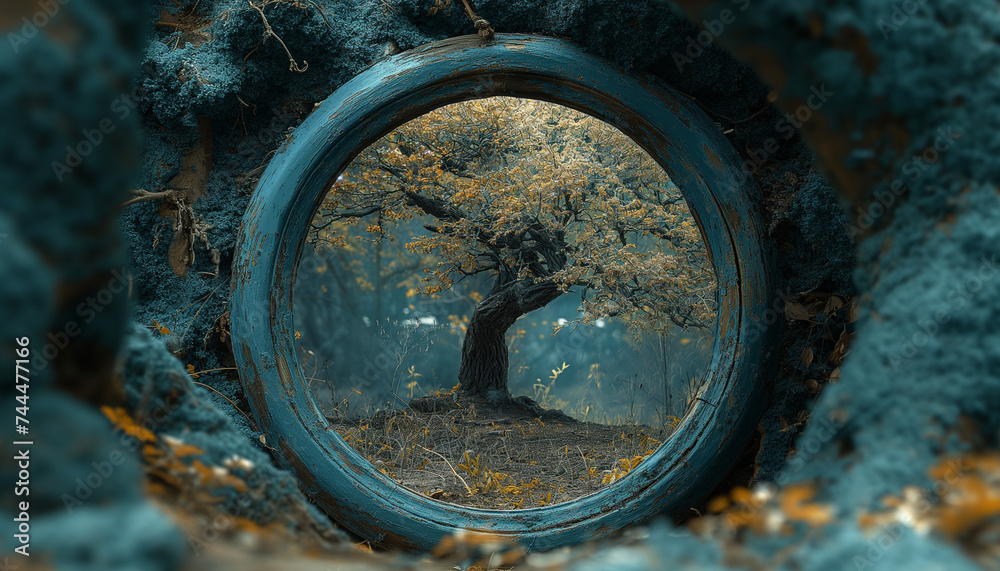 The reflection of an old tree in a round mirror. Forgotten times. A ...