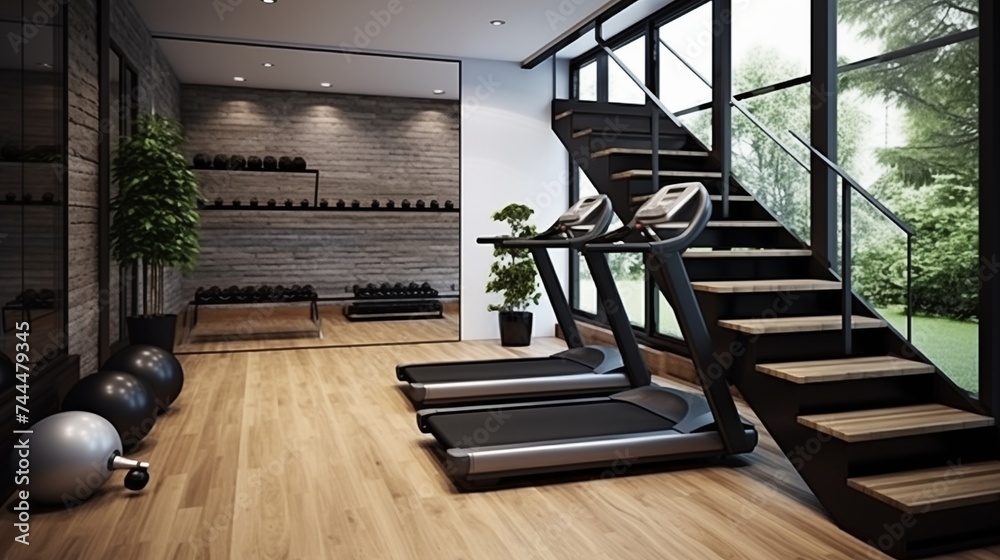 Minimalist Home Gym with Basement Stairs Set up a minimalist home gym ...