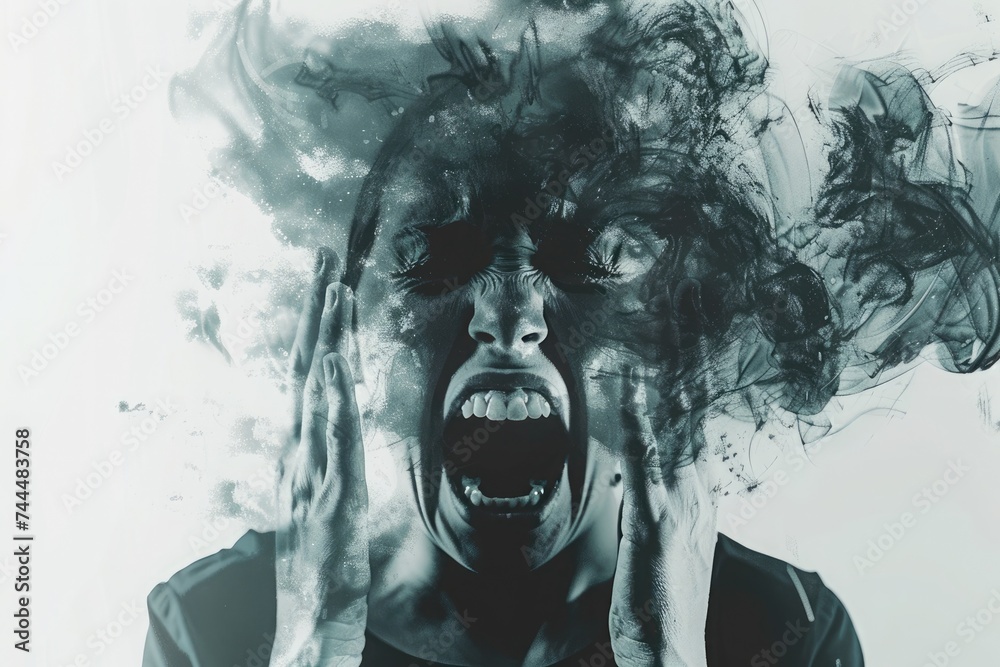 Intriguing mental health concept: Double exposure of a woman screaming ...