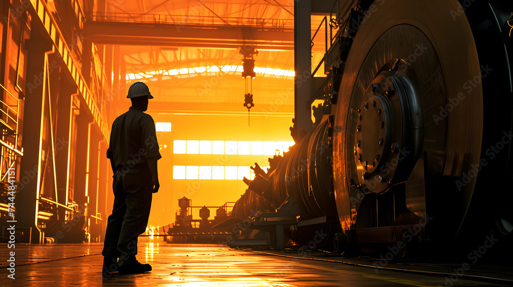 Humanity Amidst Machines: Silhouette of a worker standing against ...