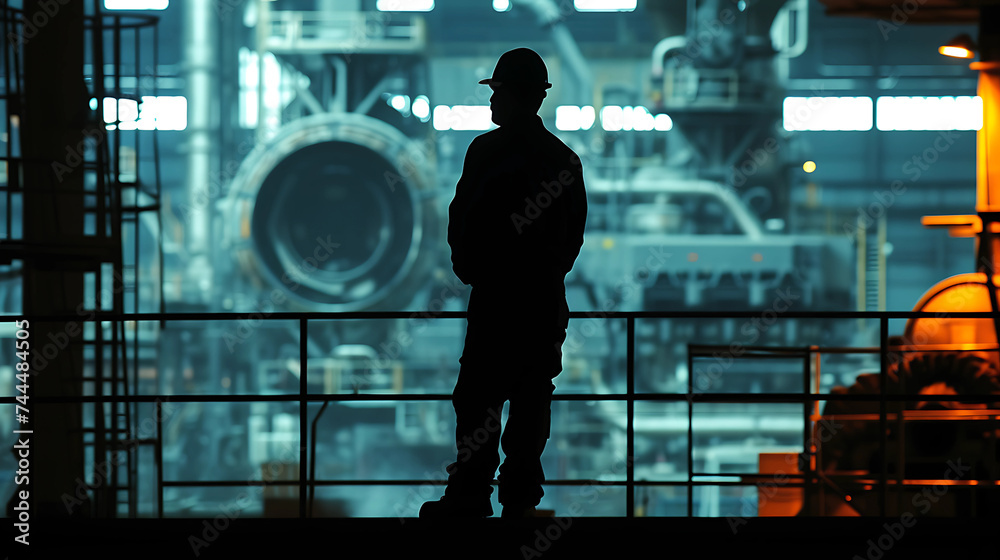 Humanity Amidst Machines: Silhouette of a worker standing against ...