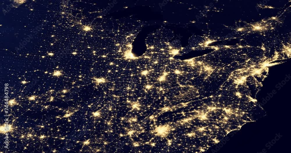 Camera flight on a night map of the USA from the southern states to the ...