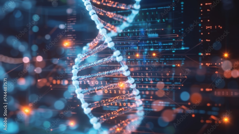 A detailed 3D rendering of a DNA molecule against a black background ...