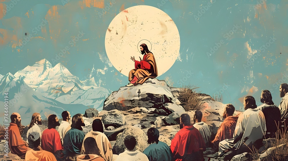Jesus in Satsang - Mid-Century Illustration of Spiritual Gathering ...