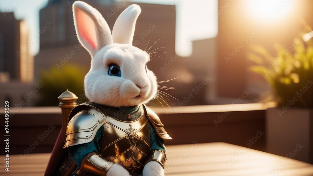 Medieval knight bunny in armor on the roof. Fairy tale history story ...