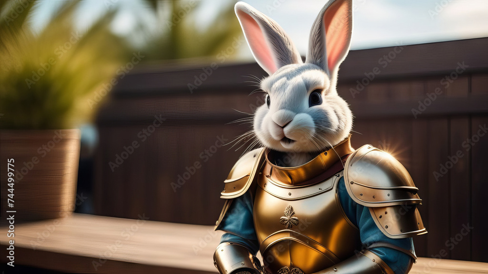 Medieval knight bunny in armor on the roof. Fairy tale history story ...
