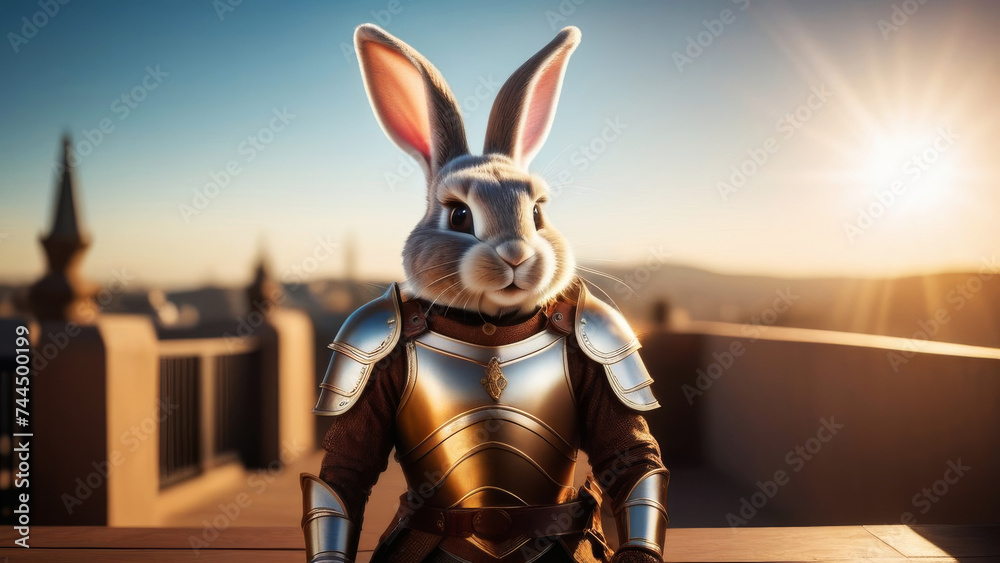 Medieval knight bunny in armor on the roof. Fairy tale history story ...