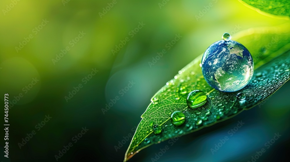Single rain drop on a leaf reflecting earth. Concept for environmental ...