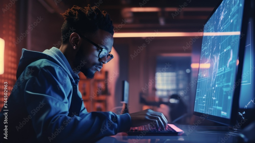 banner African american programmer working with hologram .Using holographic and new interface ...