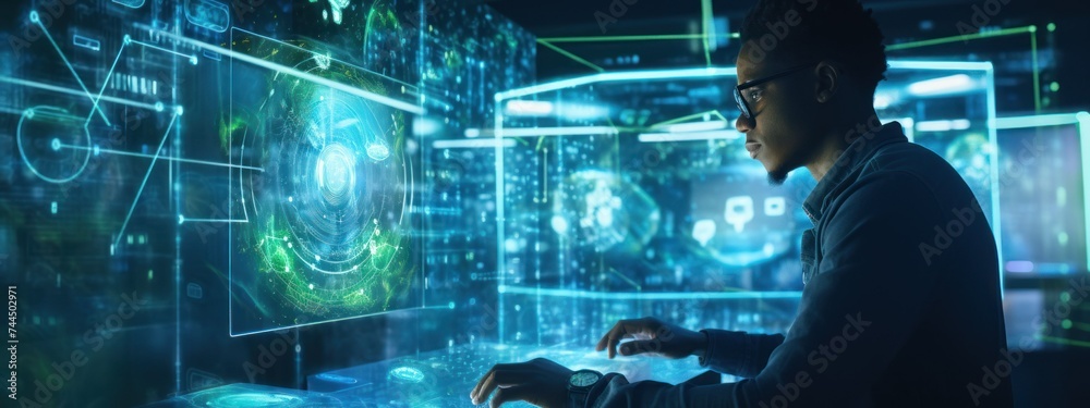 banner African american programmer working with hologram .Using holographic and new interface ...