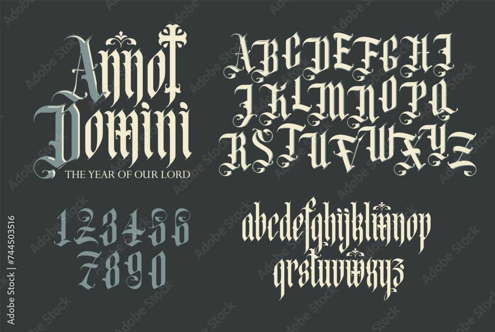 Latin phrase From the Nativity of Christ. Gothic font. Full set of ...