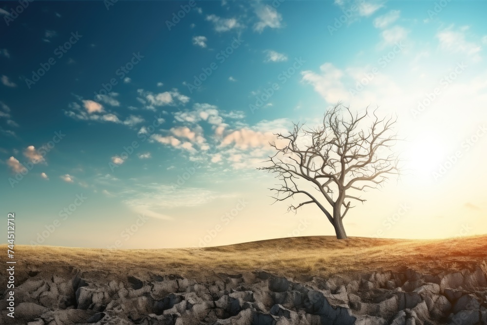 Lone dead tree on parched soil under blue skies, a stark symbol of ...
