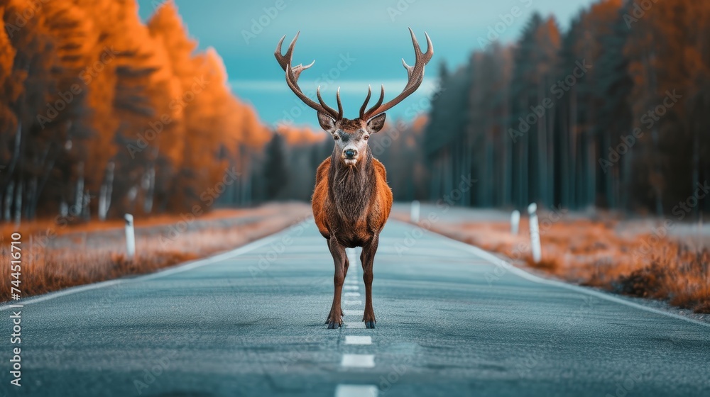 Nighttime road hazard deer standing near forest, highlighting wildlife ...