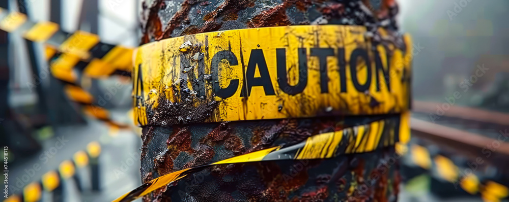 Weathered and worn caution tape wrapped around a rusty pole, signaling ...