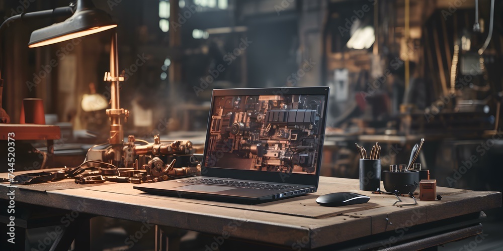 Technology in work setting laptop placed on industrial workbench ...