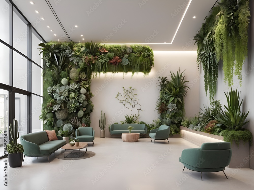 Modern office lobby with sleek furniture, a living green wall, and ...